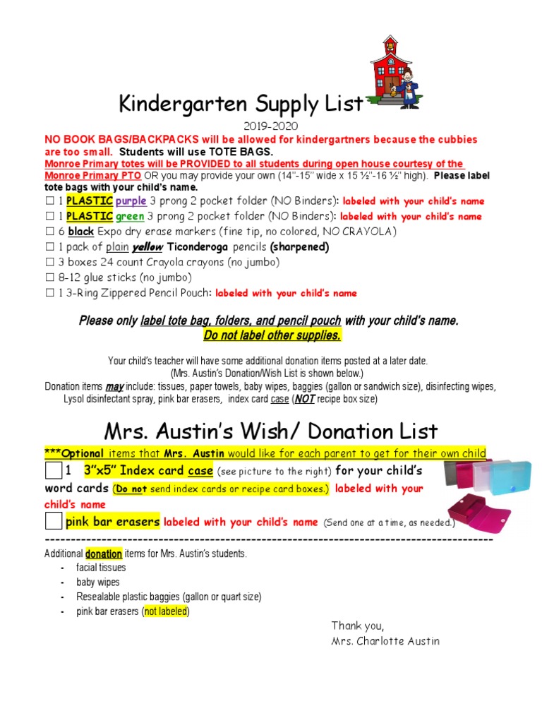 2019-2020 Supply List Kindergarten Wish | PDF | Stationery ...