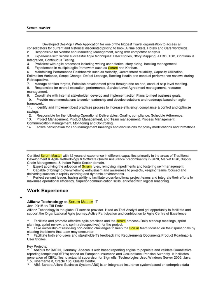 Scrum Master: Work Experience | PDF | Scrum (Software Development ...