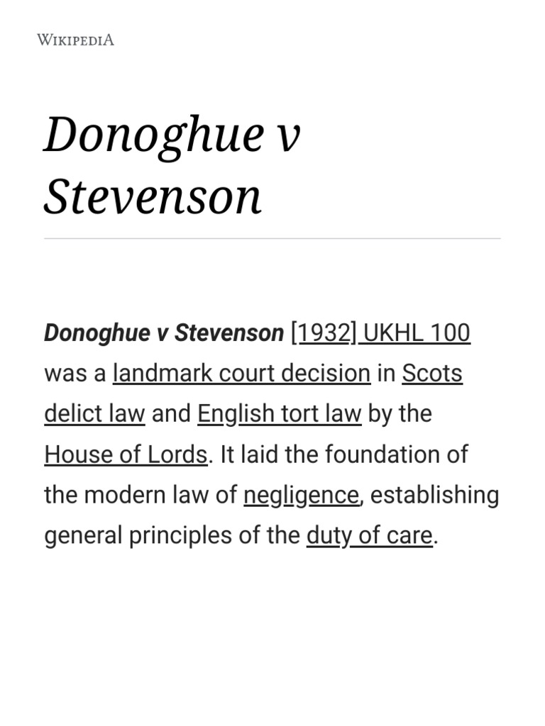 Donoghue V Stevenson | PDF | Negligence | Duty Of Care