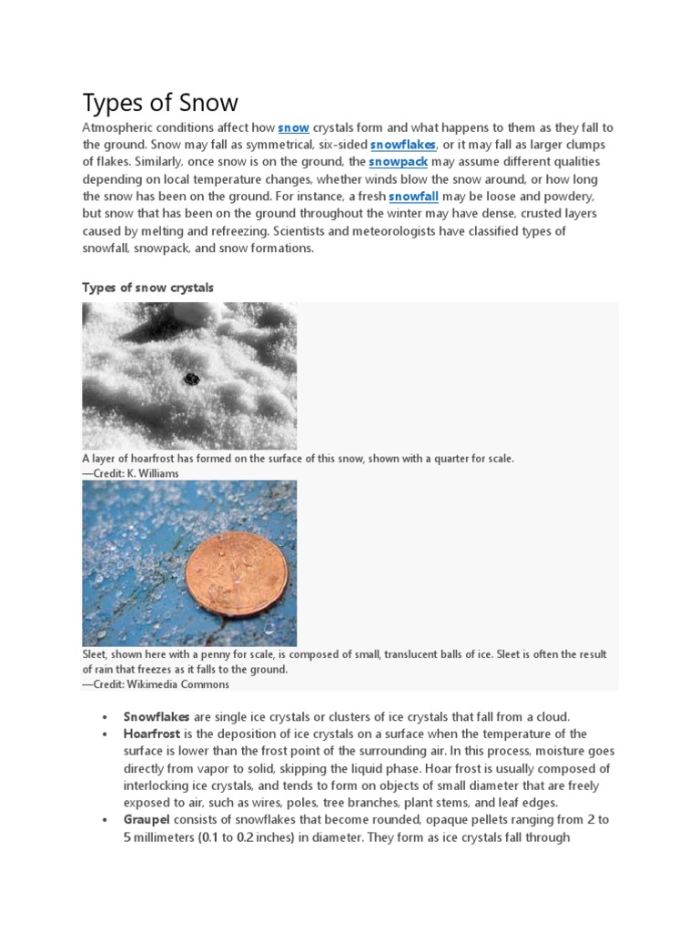 Types of Snow: Snow Snowflakes Snowpack Snowfall | PDF | Frost | Snow