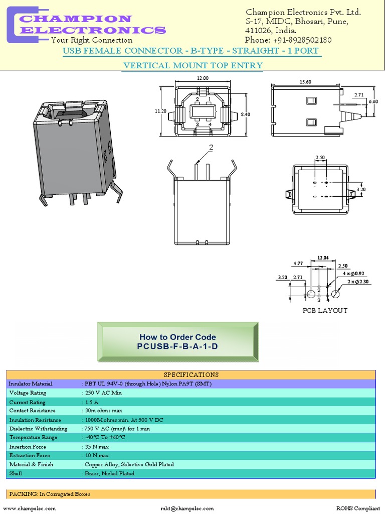 USB Type B Female Connector Specs | PDF | Printed Circuit Board ...