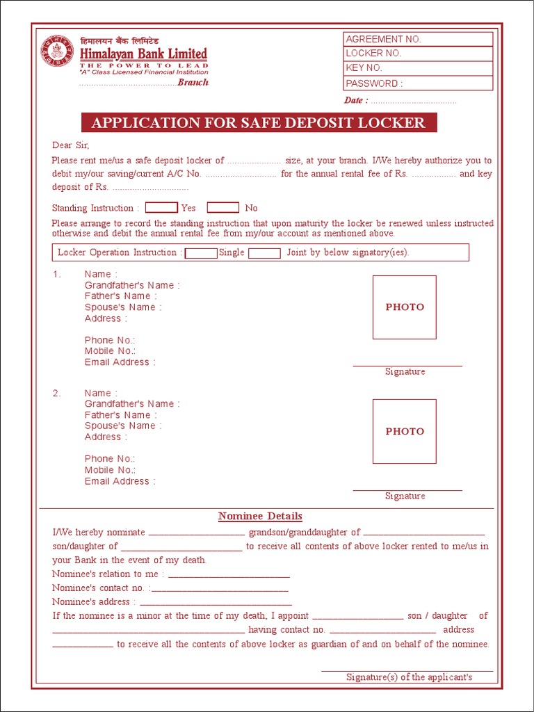 Application For Safe Deposit Locker | PDF | Lease | Banks