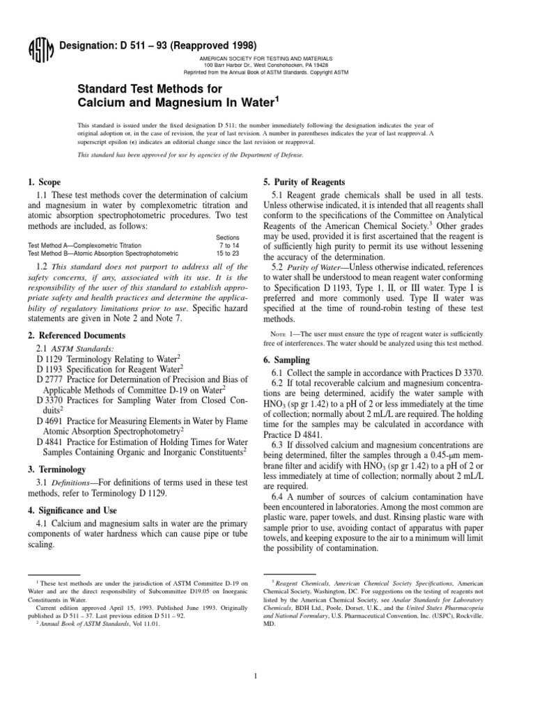 Calcium and Magnesium in Water: Standard Test Methods For | PDF ...