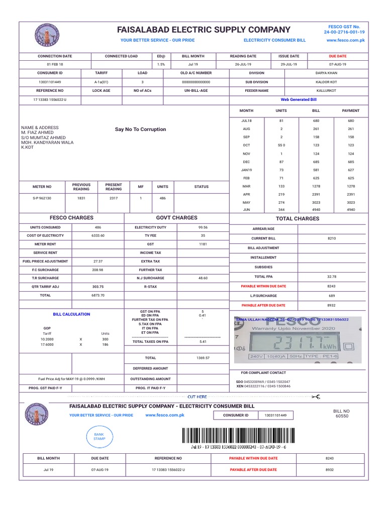 FESCO electricity bill details | PDF | Public Finance | Government Finances