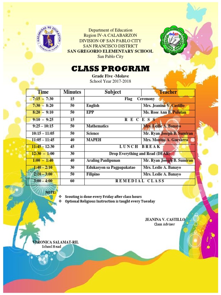 Grade 5 Class Schedule 2017-2018 | PDF