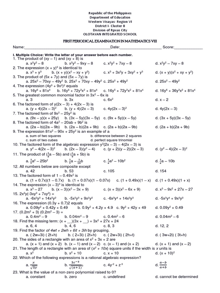 Math 8 First PT - Edited | PDF | Polynomial | Algebra