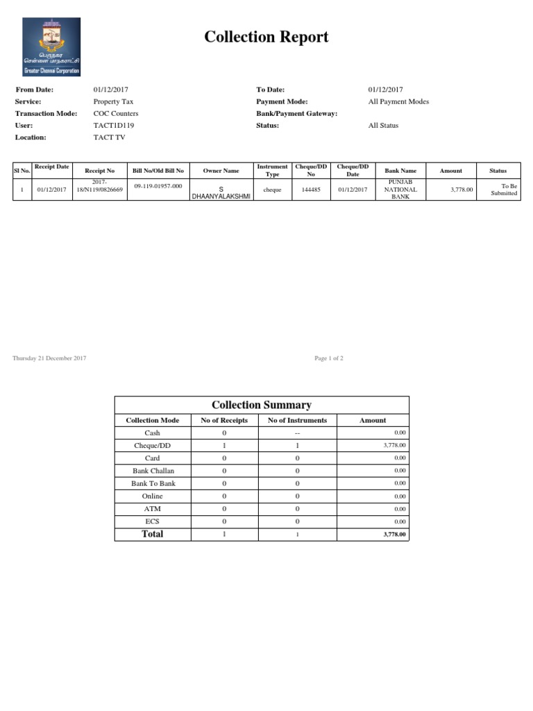 Collection Report: 01/12/2017 01/12/2017 Property Tax All Payment Modes ...