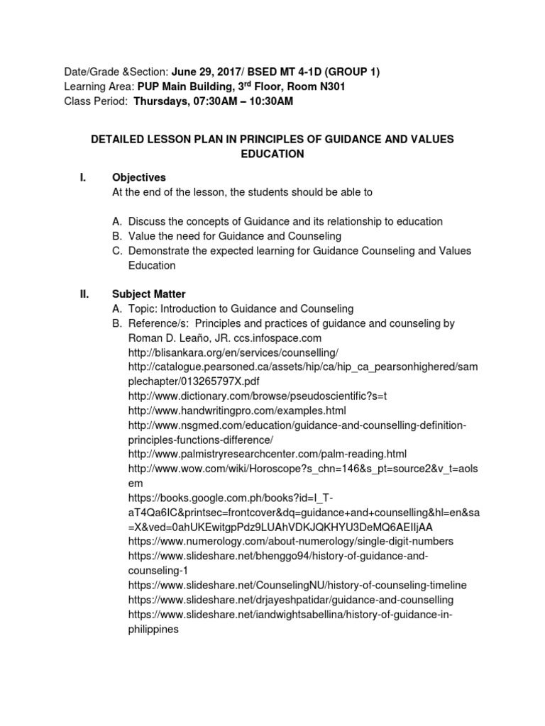 Lesson Plan - Guidance | PDF | Graphology | Lesson Plan