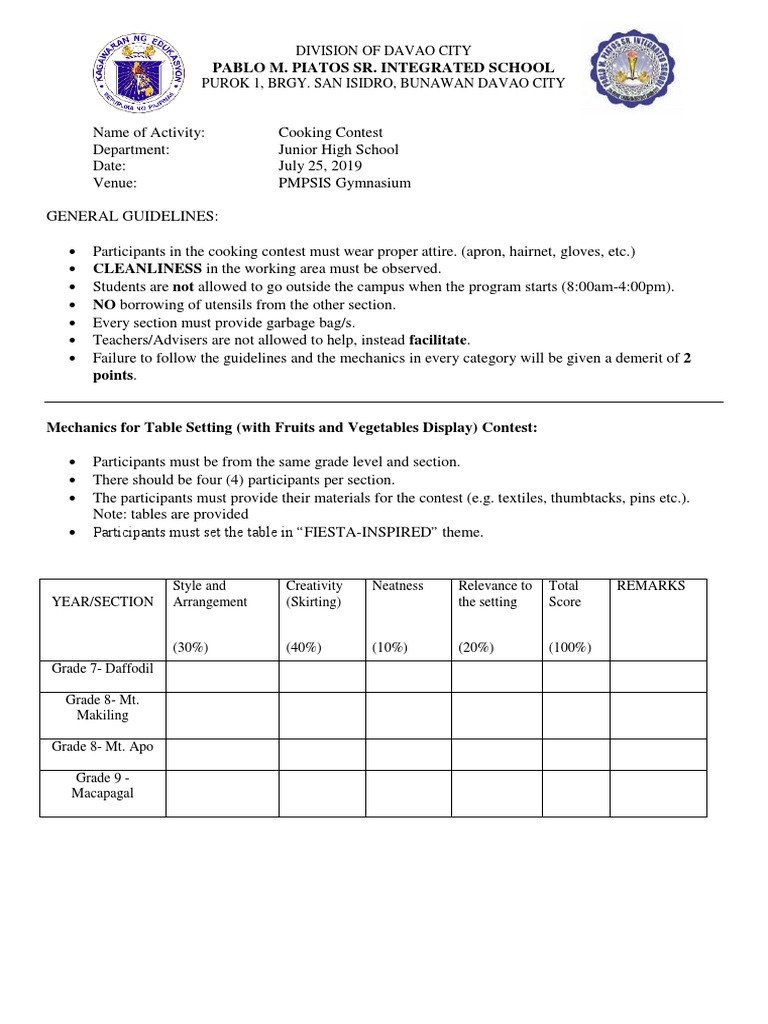 Guidelines and Scoring Mechanics for a Cooking Contest | PDF | Food And ...