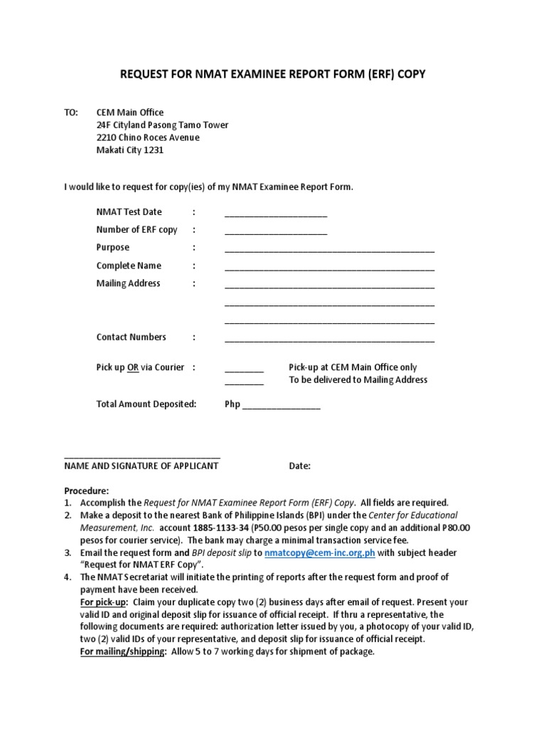 Request For Nmat Examinee Report Form (Erf) Copy: Procedure | PDF