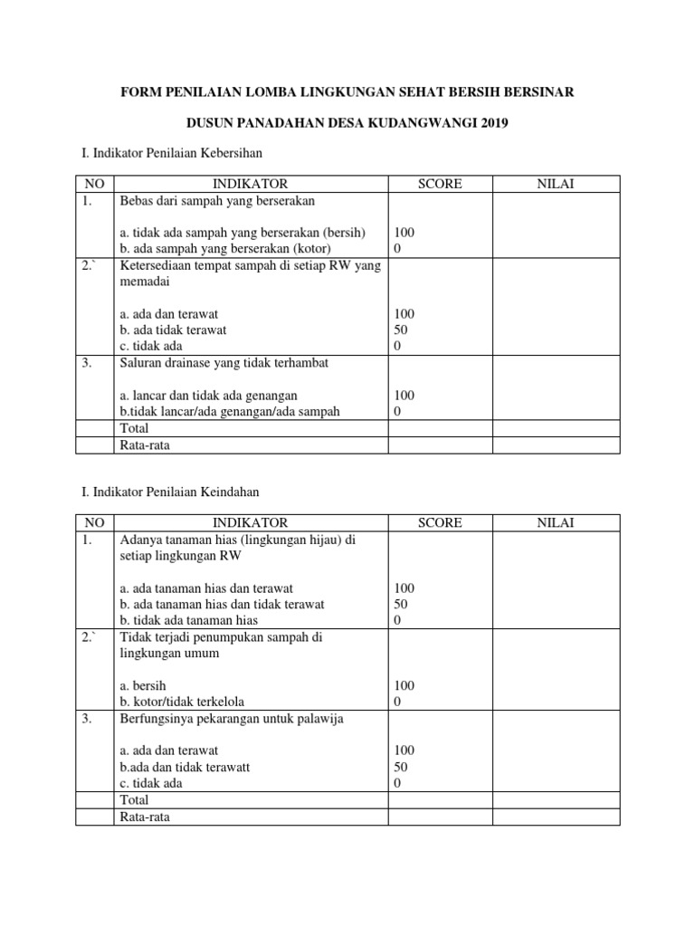 Form Penilaian Lomba Lingkungan Sehat Bersih Bersinar | PDF