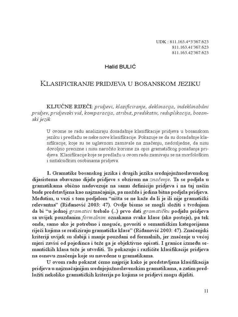 Halid Bulic - Klasificiranje Pridjeva U Bosanskom Jeziku | PDF