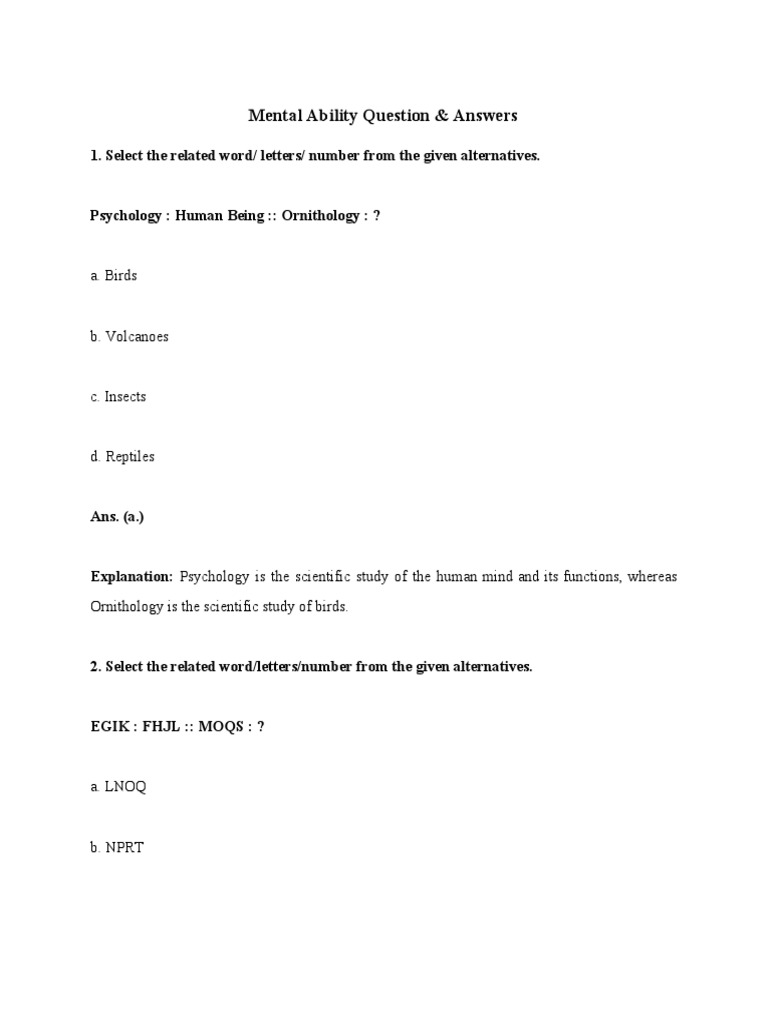 Mental Ability Previous Question Paper | PDF | Mind | Logic