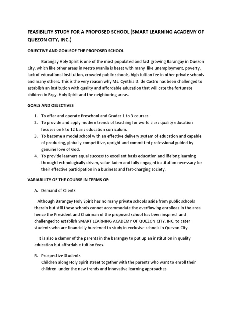 Feasibility Study For A Proposed School (Smart Learning Academy of ...