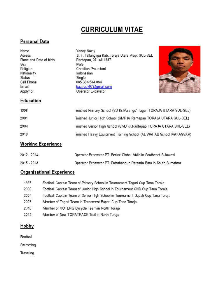 CV for Excavator Operator Position | PDF | Indonesia