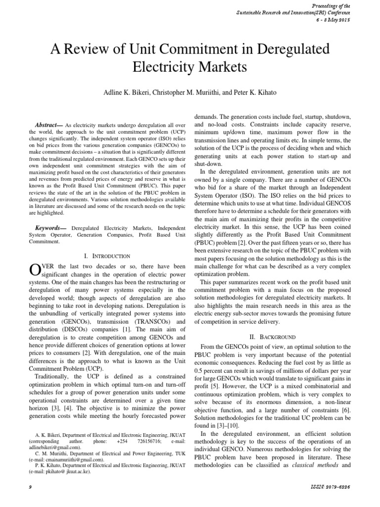A Review of Unit Commitment in Deregulated Electricity Markets | PDF | Mathematical Optimization ...