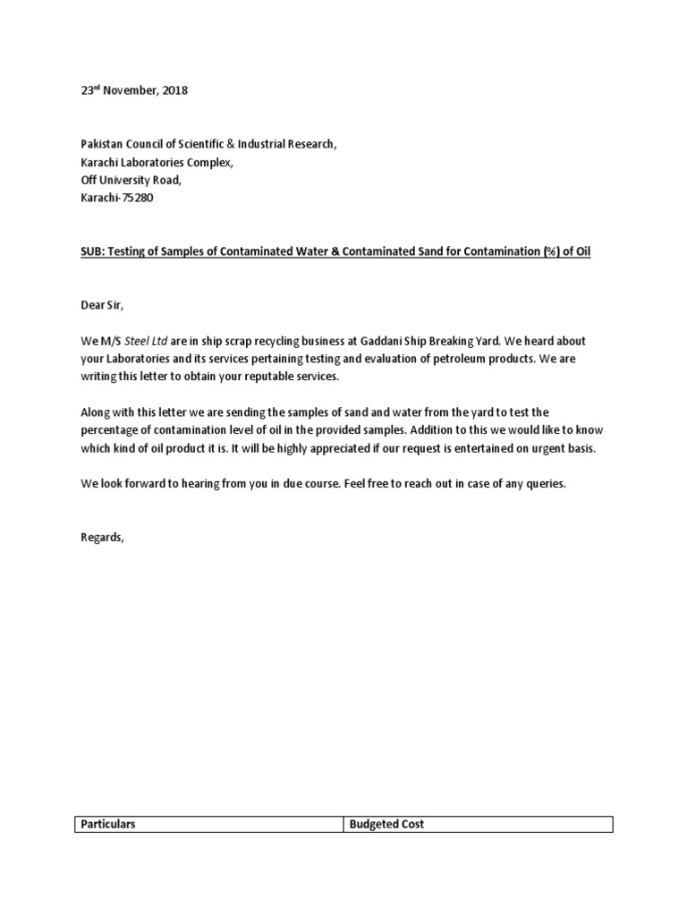 SUB: Testing of Samples of Contaminated Water & Contaminated Sand For ...