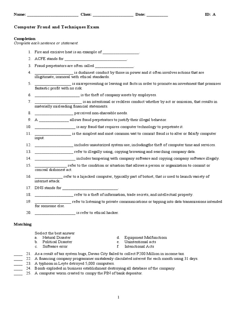 Computer Fraud and Techniques Exam: Complete Each Sentence or Statement ...