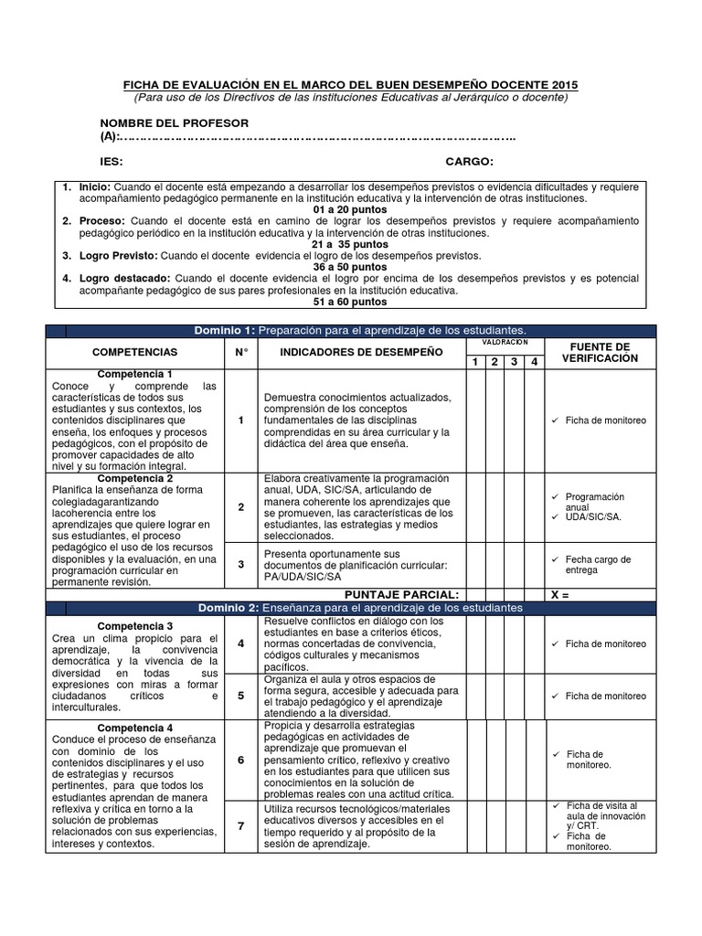Ficha de Evaluación en El Marco Del Buen Desempeño Docente 2015 | Evaluación | Maestros