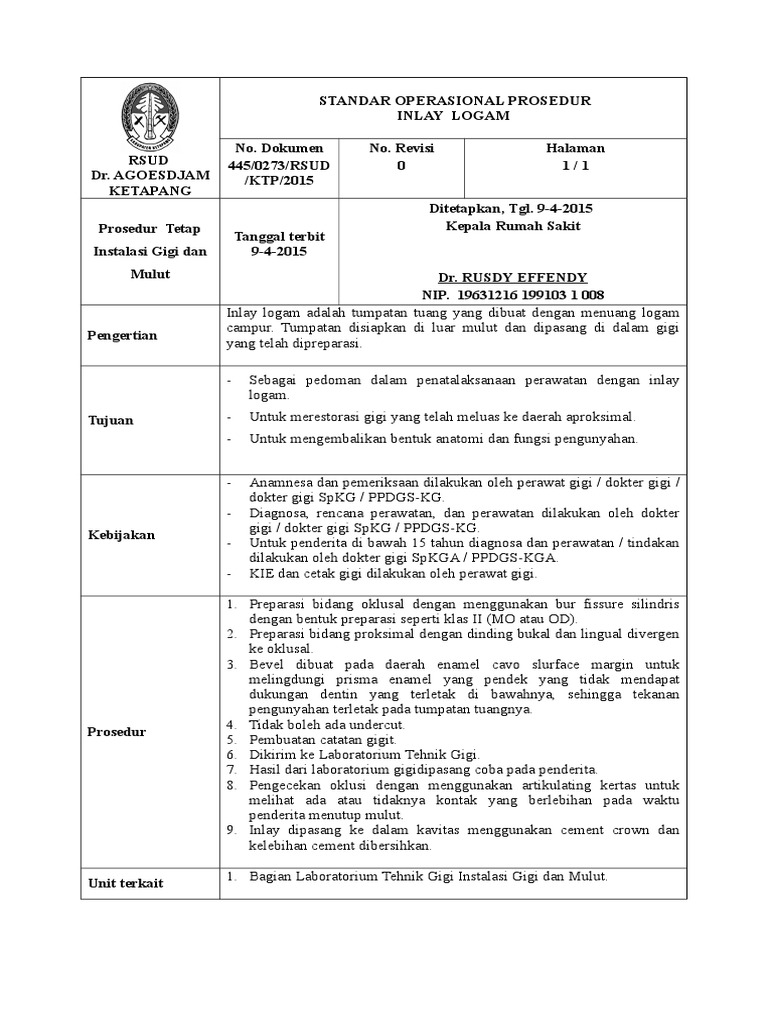 SOP Inlay Logam RSUD Ketapang | PDF