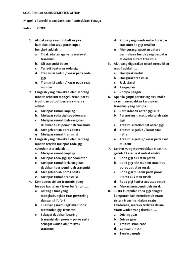 Soal Chasis Dan Pemindah Tenaga | PDF