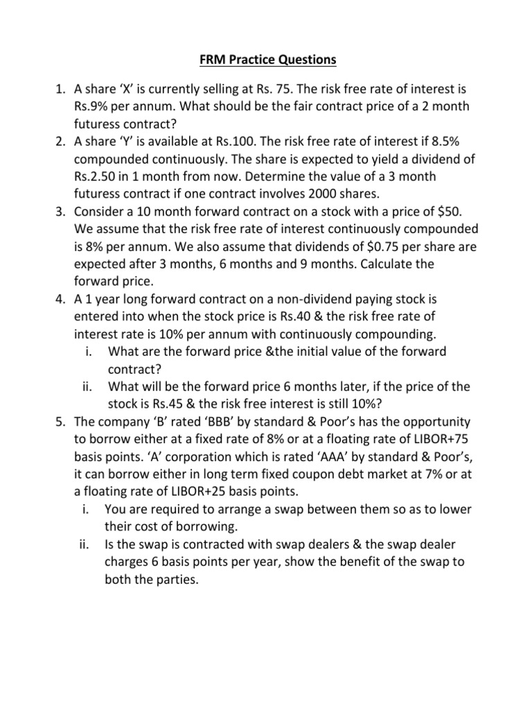 FRM Practice Questions | PDF | Option (Finance) | Futures Contract