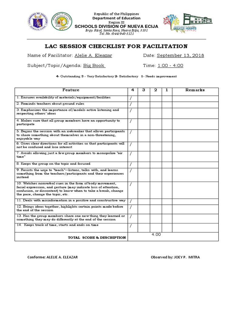 Lac Session Checklist For Facilitation | PDF | Facilitator | Nonverbal ...