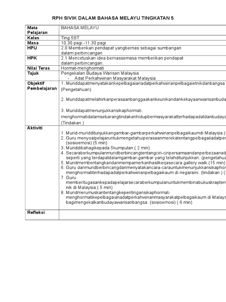 RPH Sivik Dalam BM Ting 5 - 2.6 Hormat-Menghormati | PDF