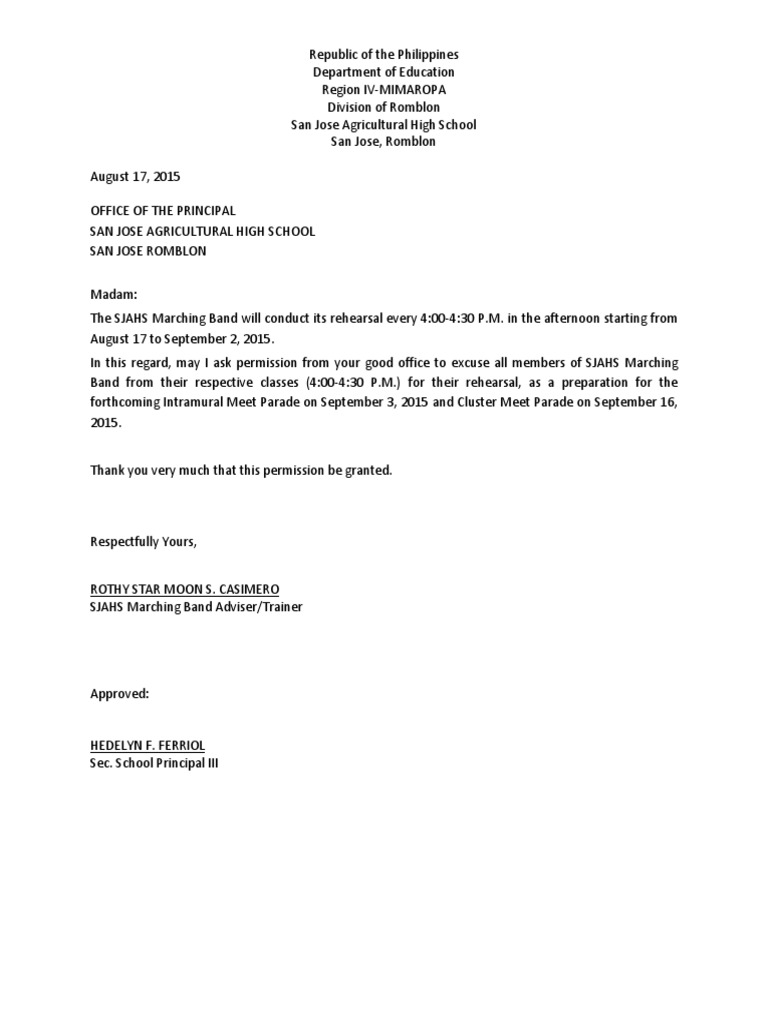 Marching Band Rehearsal Permission Request | PDF