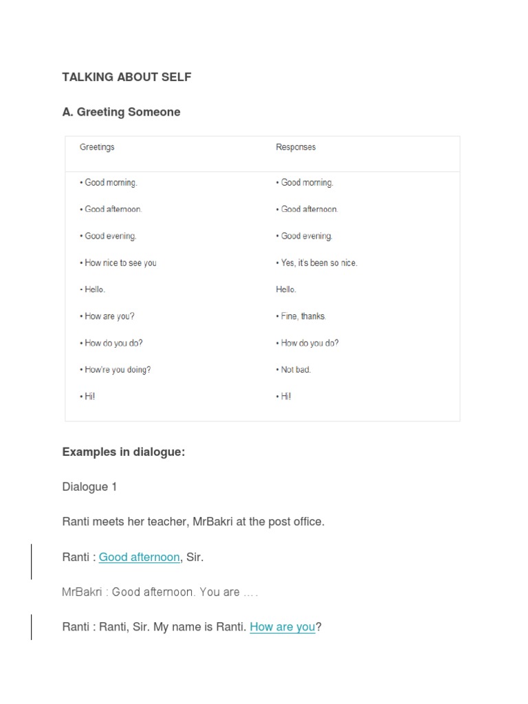 Self-Introduction and Dialogue Examples | PDF | Language Arts & Discipline