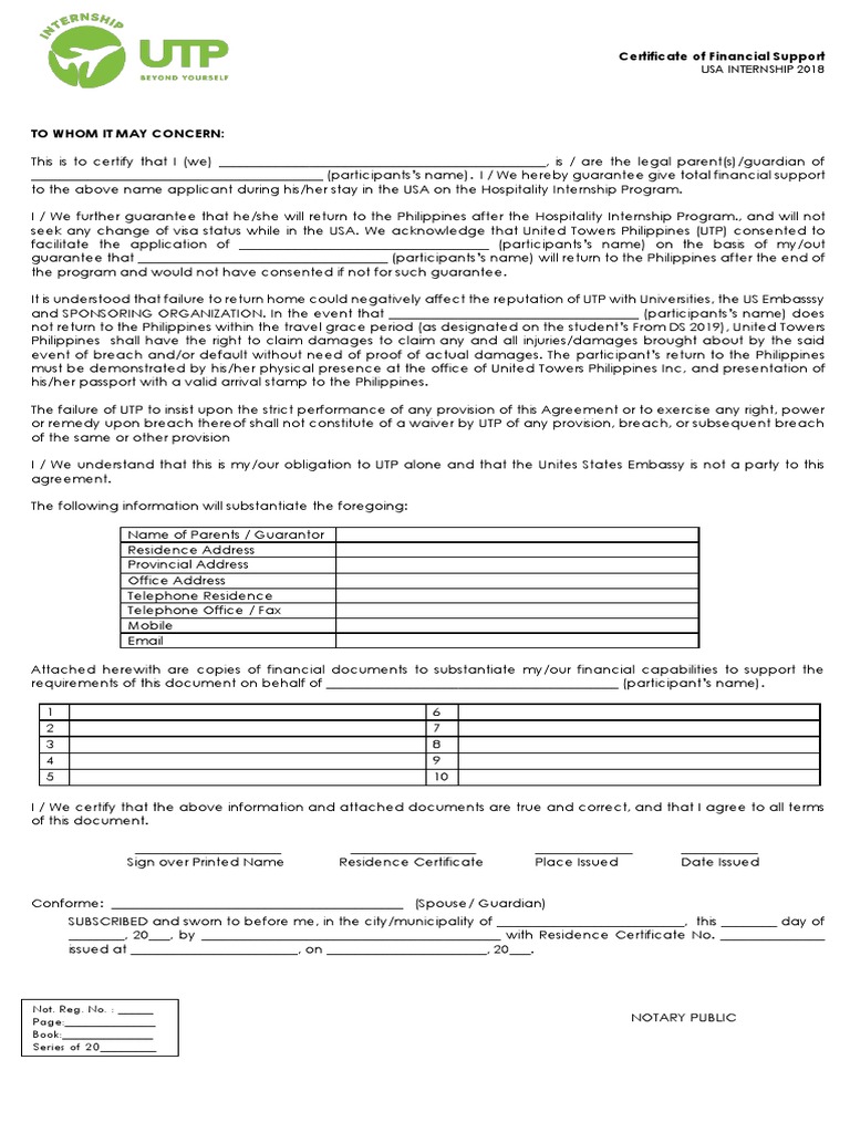 Certificate of Financial Support for Internship | PDF | Damages ...