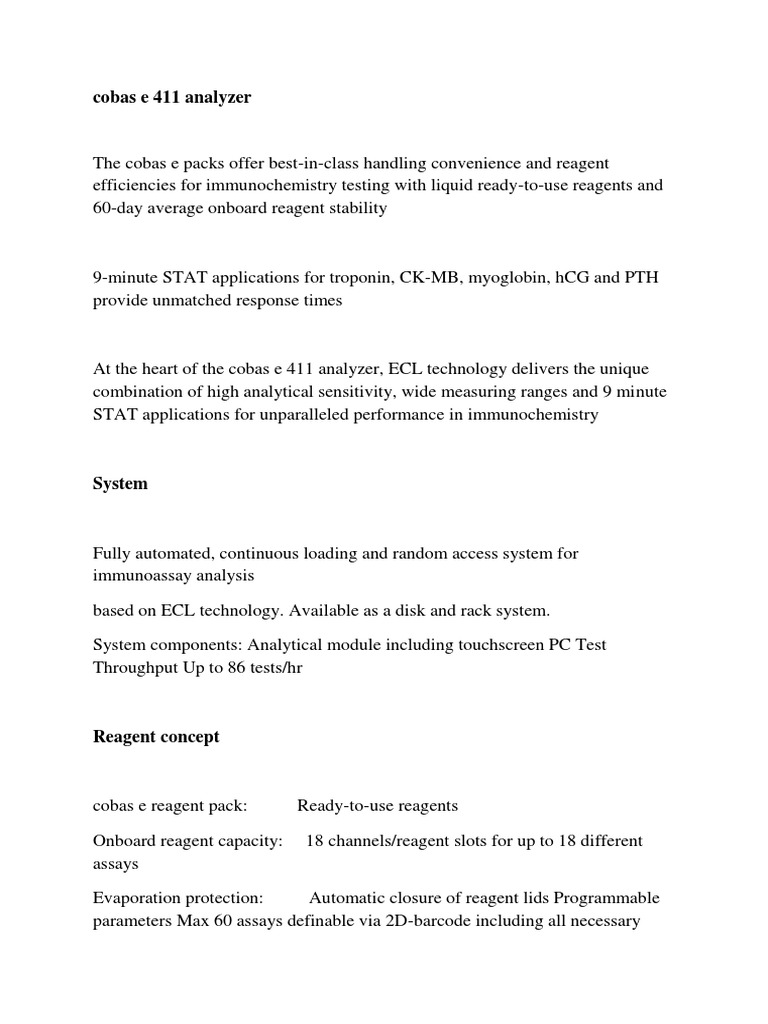 The cobas e 411 analyzer: A fully automated, continuous loading and ... The cobas e 411 analyzer: A fully automated, continuous loading and ...
