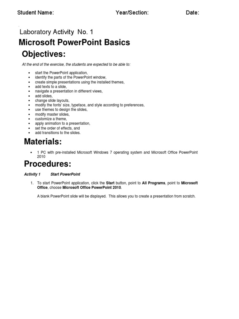 Microsoft Powerpoint Basics Objectives:: Activity No. 1 | PDF | Microsoft Power Point | Typefaces