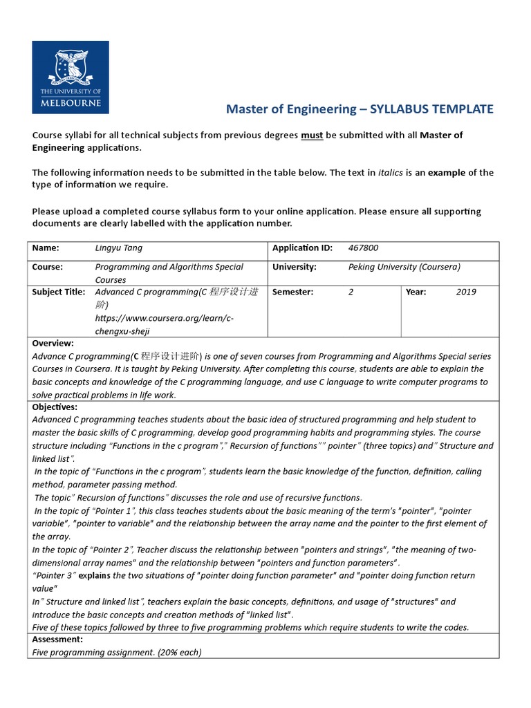 Master Of Engineering Syllabus Template Pdf C Programming Language Pointer Computer