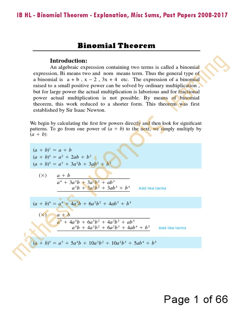 Binomial Theorem Workbook - Misc + P1 P2 2008 To 2017 - IB HL Maths ...