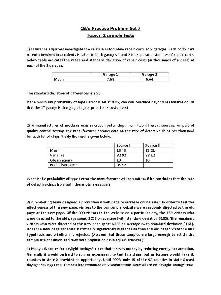 CBA: Practice Problem Set 7 Topics: 2 Sample Tests: Garage 1 Garage 2 ...