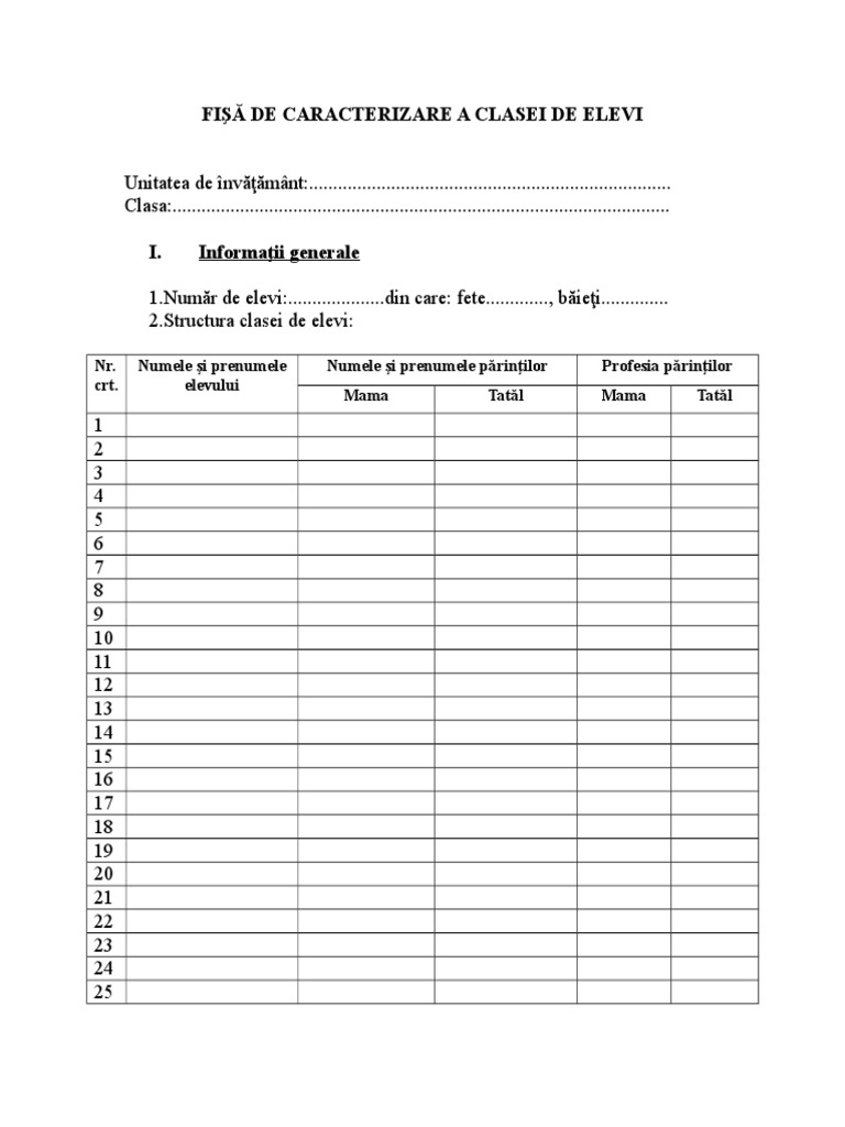 Fisa Caracterizare A Clasei de Elevi | PDF