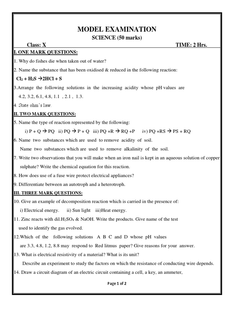10th Science Question Paper | PDF | Resistor | Hydrochloric Acid