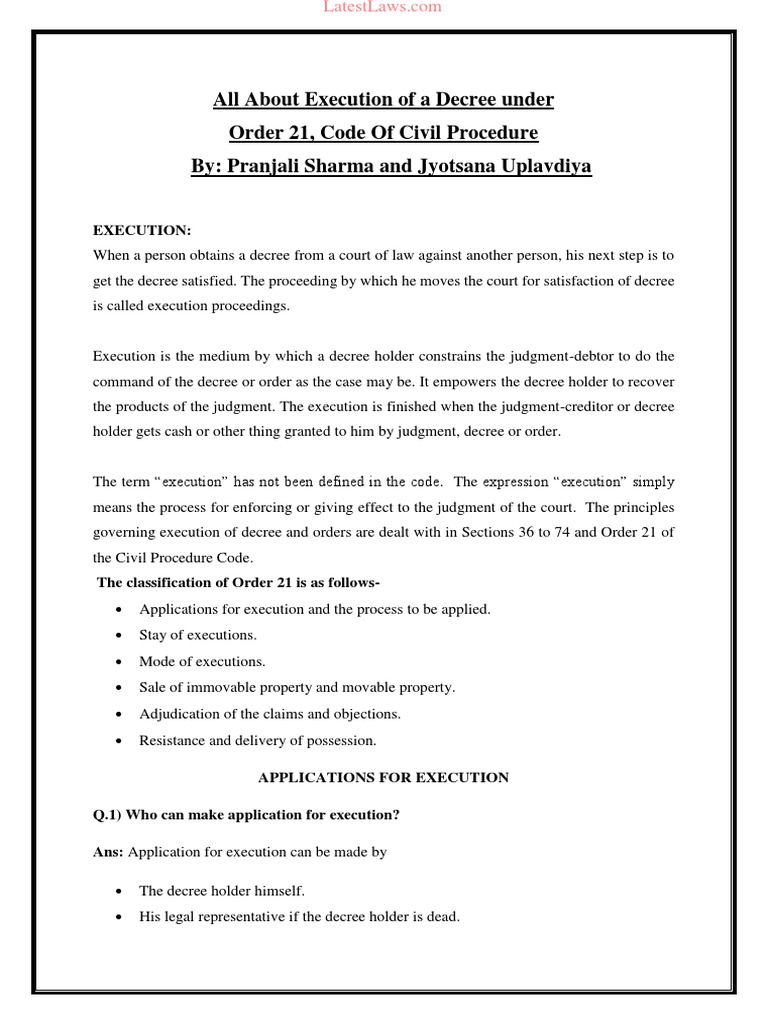 All About Execution of A Decree Under Order 21 of CPC by Pranjali Sharma and Jyotsana Uplavdiya ...