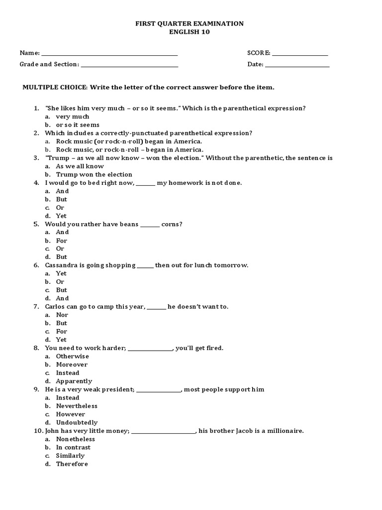English 10 First Quarter Exam Guide | PDF | Hades | Orpheus