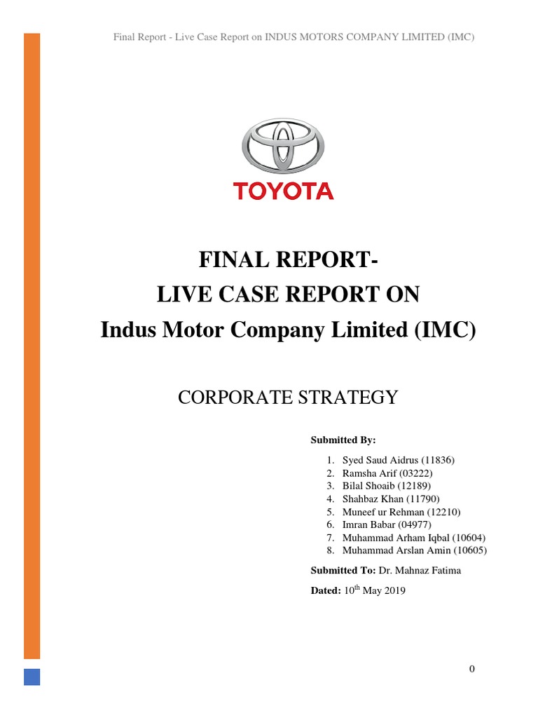 Final Report-Live Case Report On Indus Motor Company Limited (IMC) | PDF | Toyota | Employment