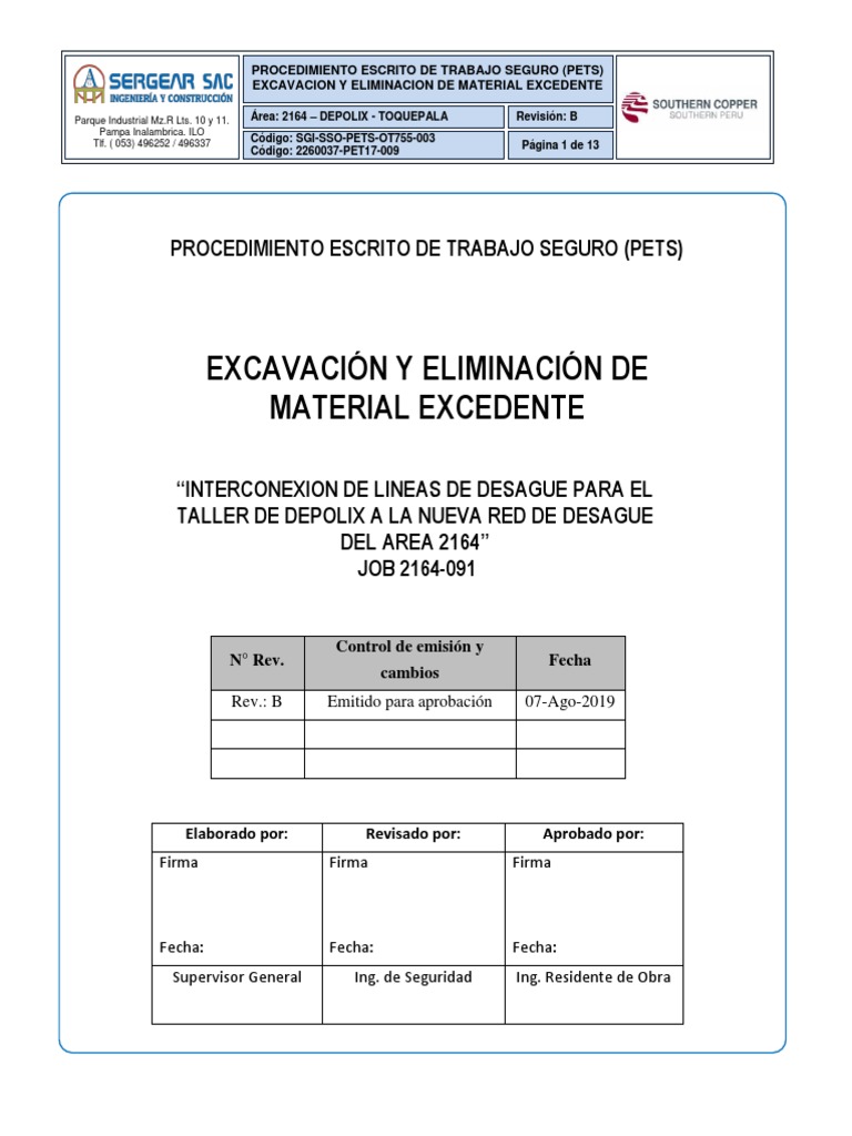 Procedimiento escrito de trabajo seguro Excavaciones | Excavación ...