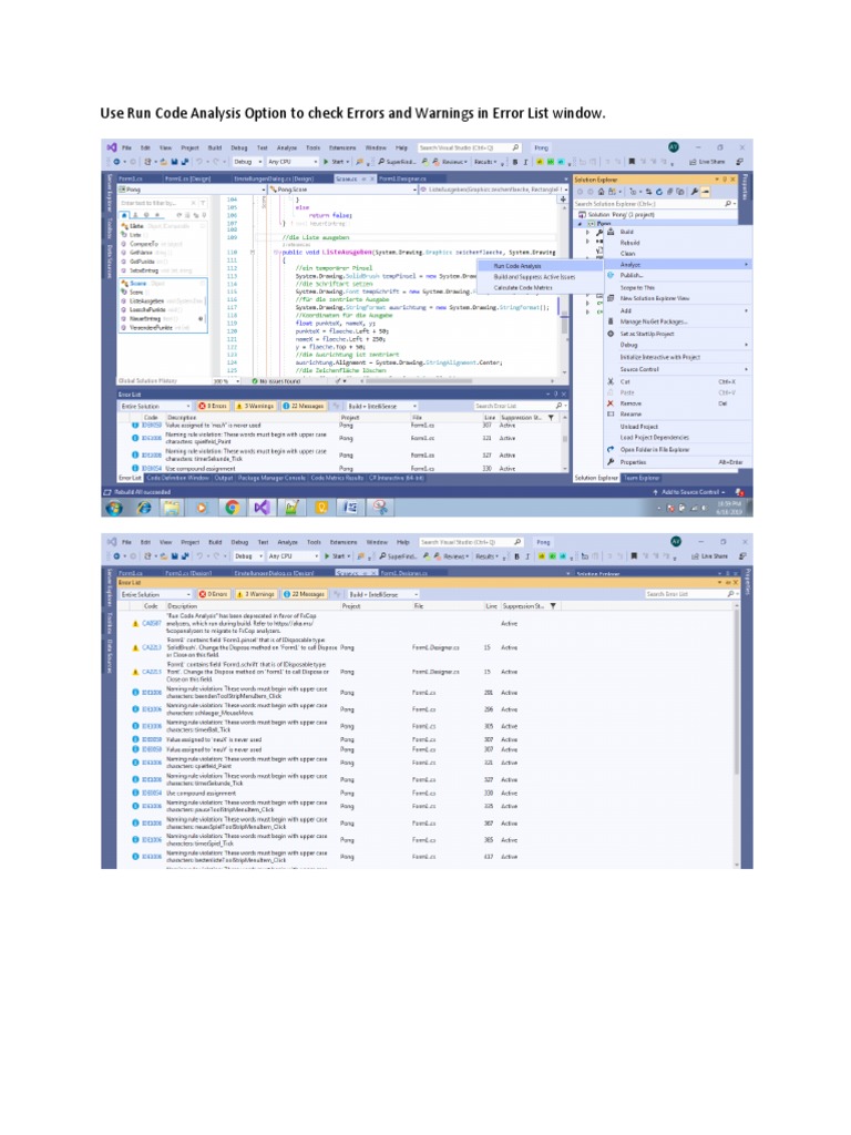 Use Run Code Analysis Option To Check Errors And Warnings In Error List