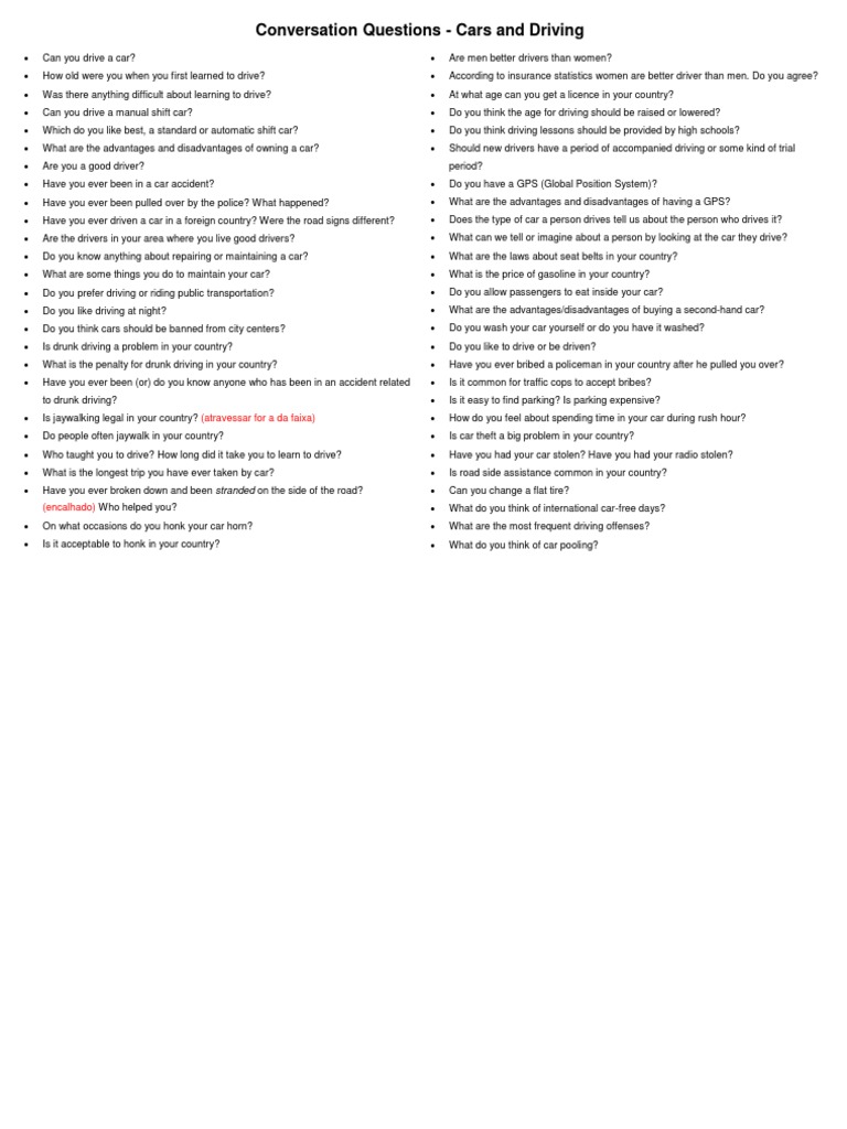 Conversation Questions - Cars and Driving: (Atravessar For A Da Faixa ...