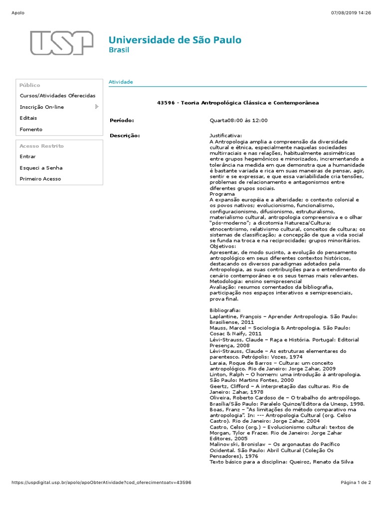 Ementa Usp - Teoria Antropológica Clássica e Contemporânea | PDF | Antropologia | Teorias ...