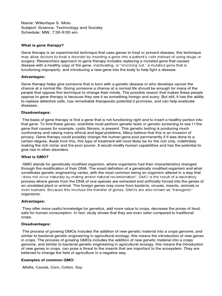 Name: Wilenfaye S. Molo Subject: Science, Technology and Society ...