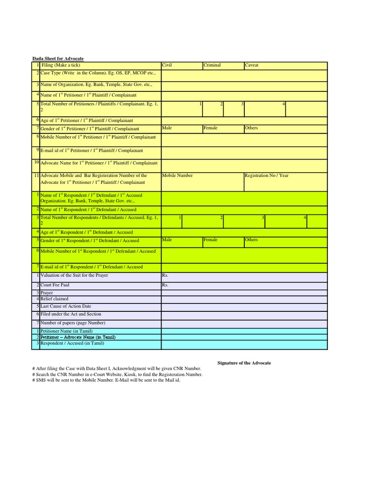 Advocate Data Sheet For Filing Cases | PDF