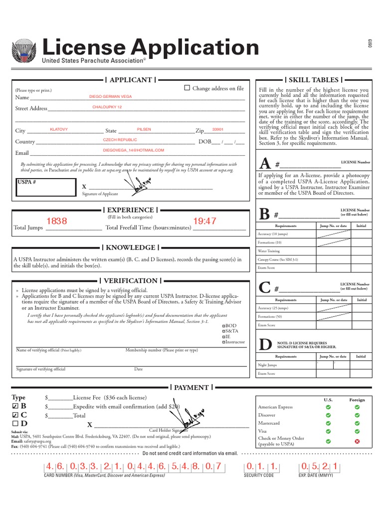License Application: Skill Tables Applicant | PDF | Parachuting | Test ...