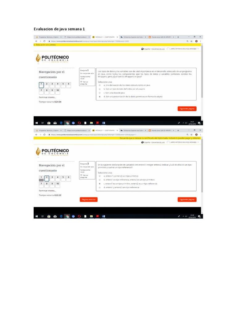 Evaluacion de Java Semana 1 | PDF | Java (lenguaje de programación) | Tipo de datos