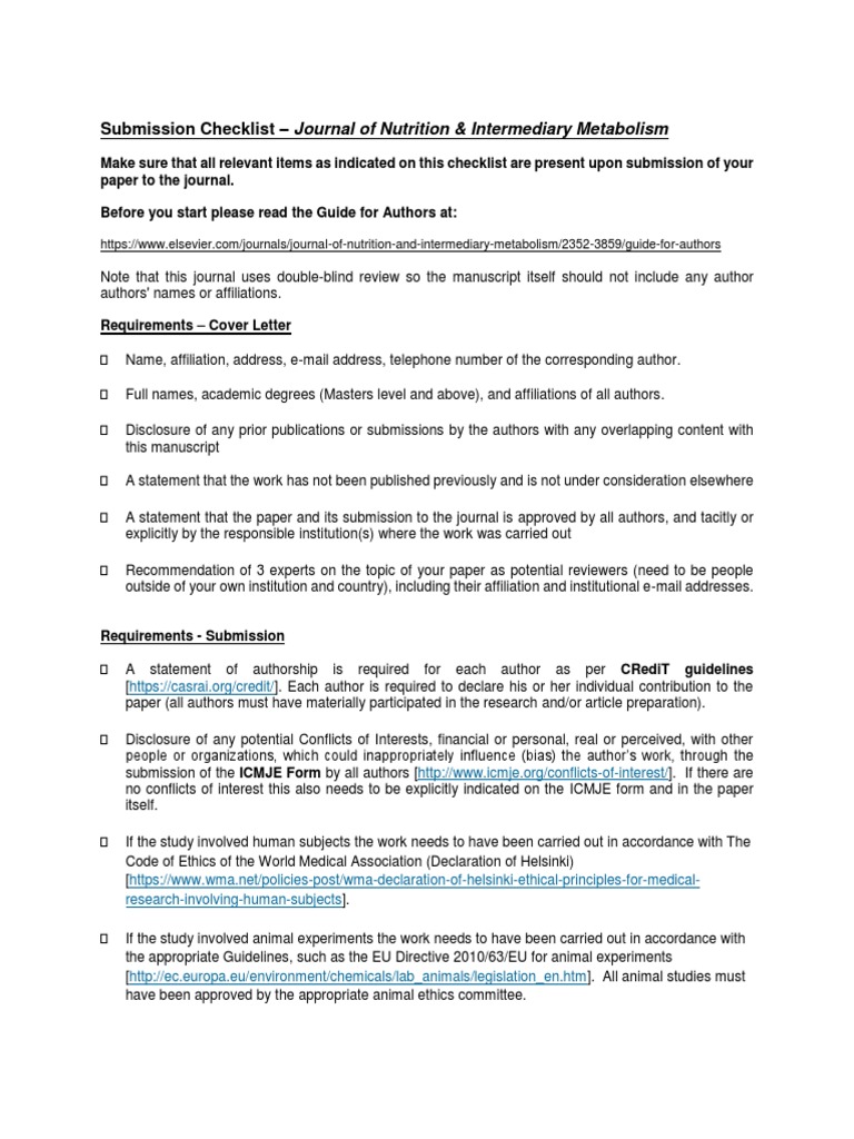 JNIM Author Submission Checklist | PDF | Clinical Trial | Experiment